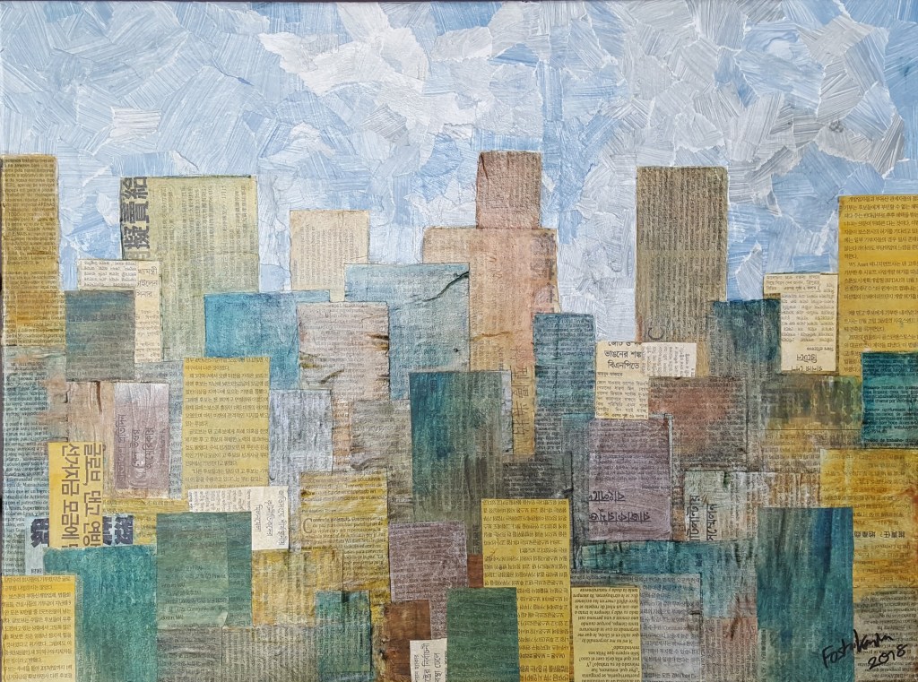 Newspaper collage cityscapes – Cara Foster Karim
